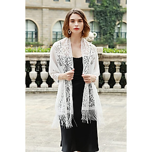 RIIQIICHY Women's Floral Lace Mesh Party Prom Wedding Shawl Scarf with Fringe
