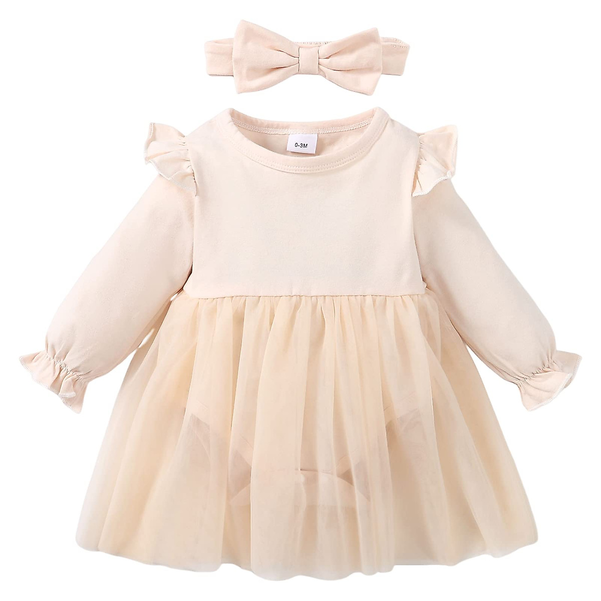SOBOWO Beige Baby Dress Beige Baby Girl Outfit Infant Girl Tutu Dress Baby Ruffle Romper Dress Toddler Girl Skirt Headband Party Clothes(0-3 Months, Beige L)