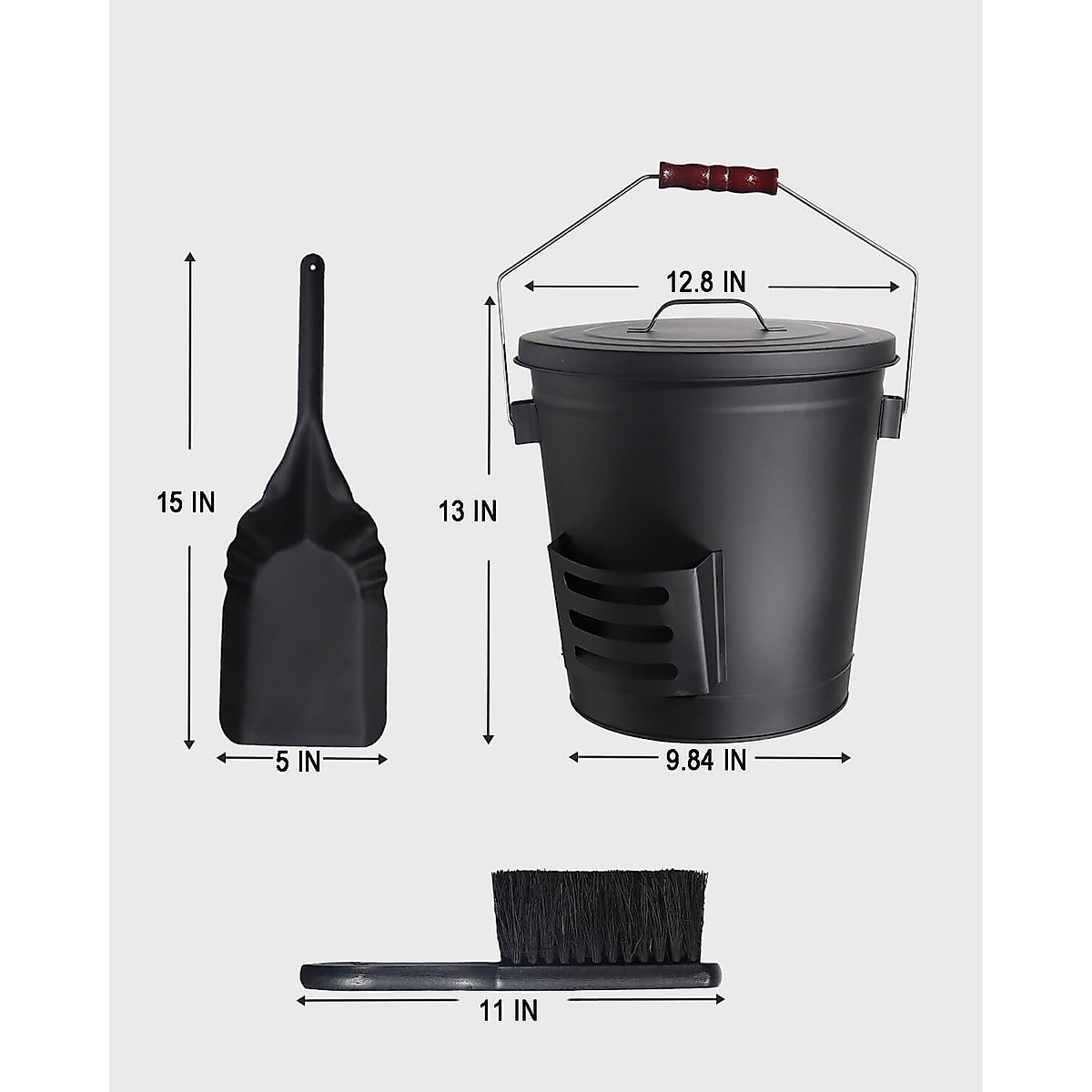 vensovo 5 Gallon Ash Bucket with Lid - Shovel, Broom, and Gloves, Heavy Duty Galvanized Iron, Fire-Resistant, Black Finish Perfect for Fireplaces, Fire Pits, Wood-Burning Stoves, and Grills