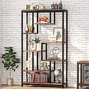 LITTLE TREE 70.8 Inches Tall Bookshelf, Industrial Bookcase for Home Office, Rustic Brown 8-Shelves Wood and Metal Frame Display Shelf Open Storage Organizer Shelves