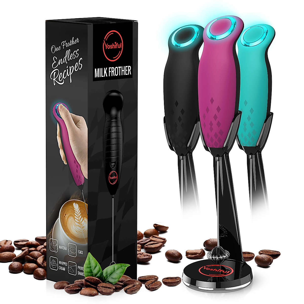 YOSHIFUL Milk Frother for Coffee with Deluxe Stand - Coffee Frother Handheld Foam Maker for Lattes - Turbine Whisk Drink Mixer Handheld - Frother Wand Stirrers Electric for Cappuccino, Matcha (Pink)