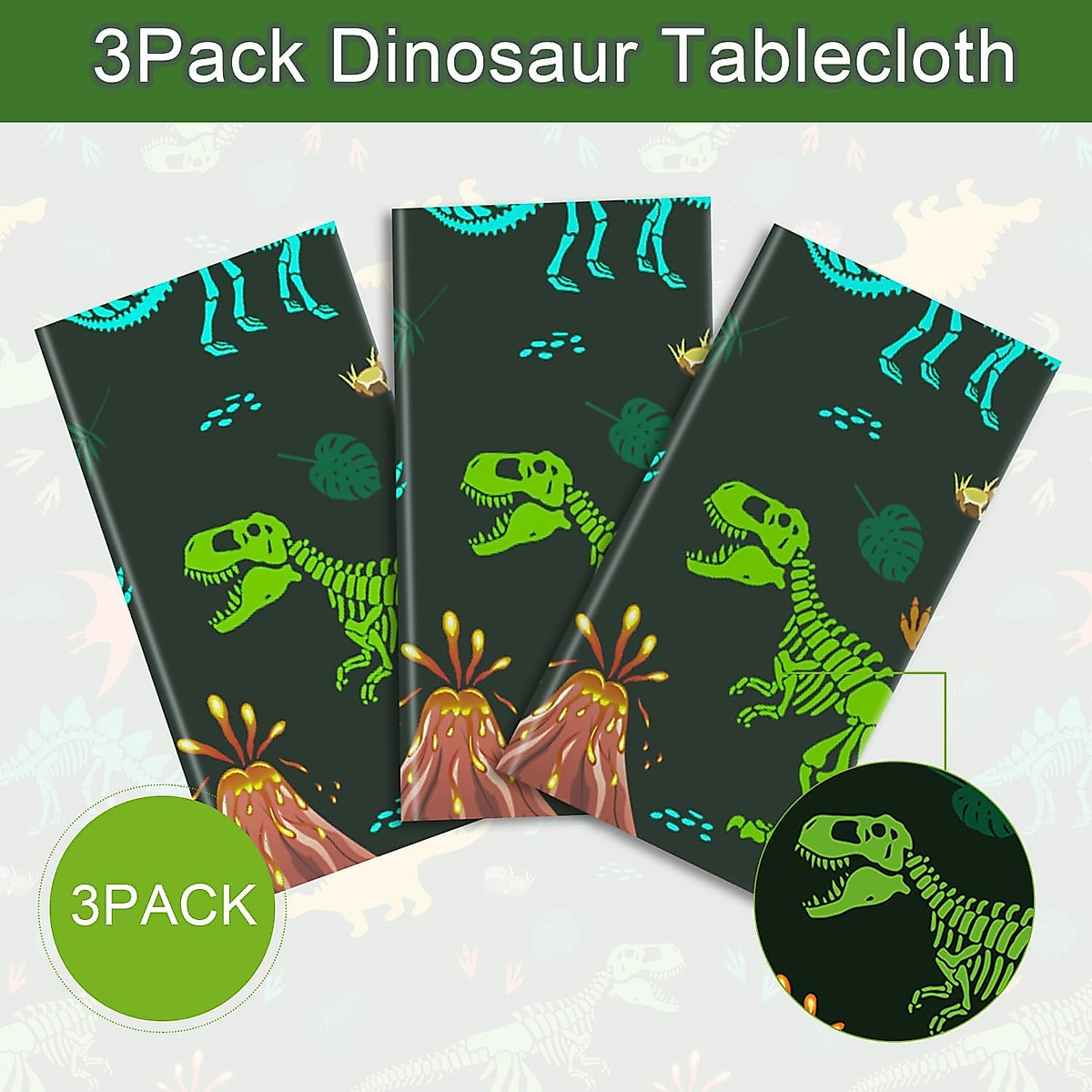 3Pieces Dinosaur Plastic Party Tablecloth,Dinosaur Birthday Table Cover Decorations Disposable Dino Table Cloths Dinosaur Table Cover for Kids Boy Birthday Party Supplies, 54 x 108 Inch (Green)