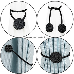 Hangtty Magnetic Curtain Tie Backs 4 Pack Rope Curtain Tiebacks Decorative Curtain Holders for Drapes Window Treatment Holdbacks Home Outdoor Curtain Tiebacks, Black