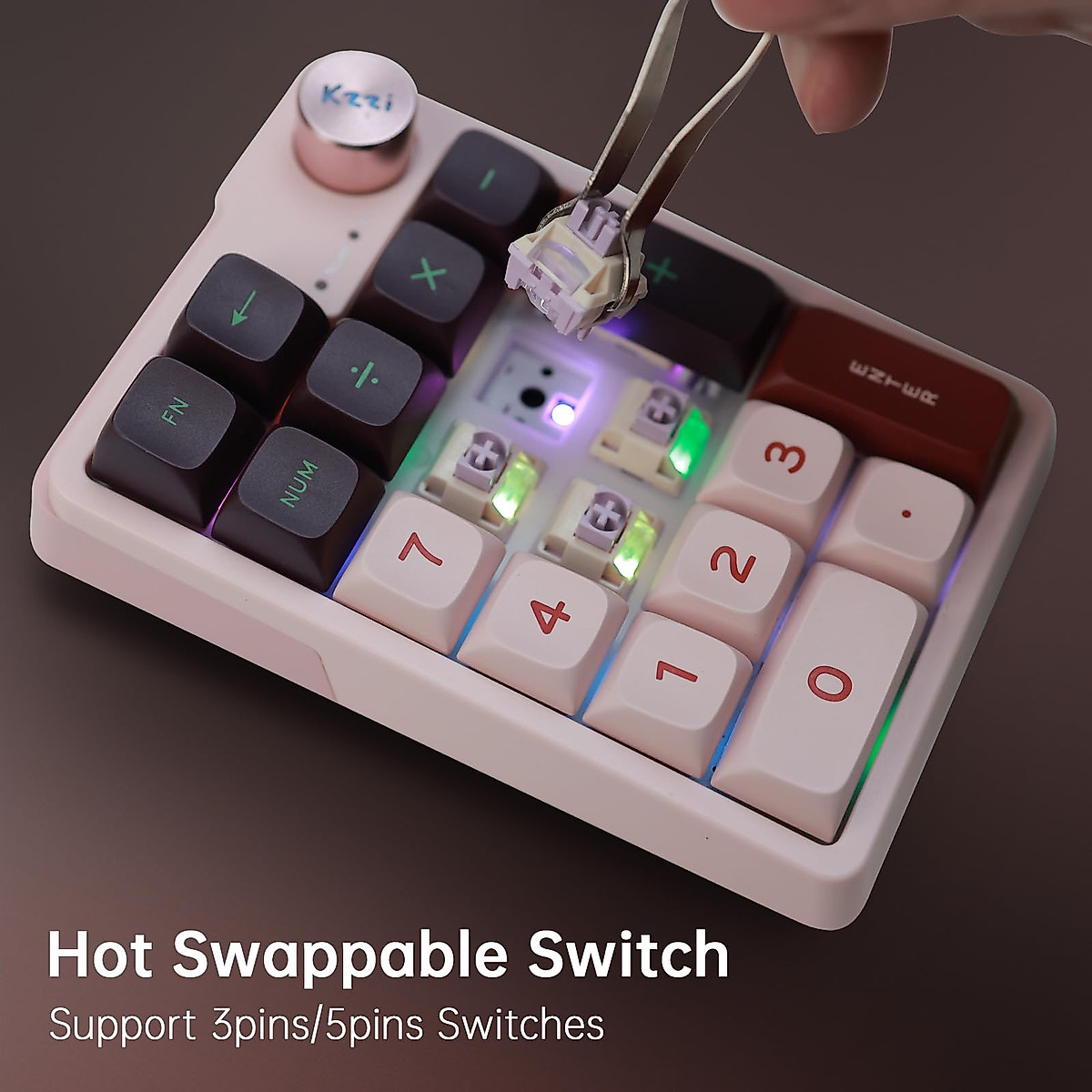 Mechanical Wireless Rechargeable Numeric Keypad, Gasket Bluetooth 5.0/2.4ghz/Wired Hot Swappable19 Keys Numpad, with Poron Foam, Aluminum Alloy Knob (Purple-Pink)