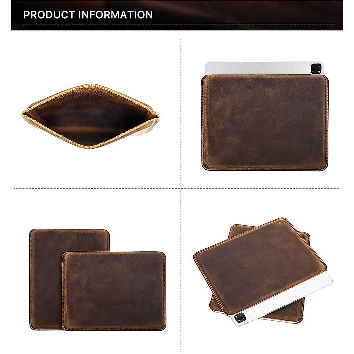 CataPurus Top Grain Genuine Leather 12.9" iPad Sleeve Case, Minimalist Vintage Design, Handmade, Compatible with 12.9" iPad Pro 3/4/5/6 Gen, Fits A1876 A1865 A1983 A2014 A2229 A2232, Coffee 12.9 Inch