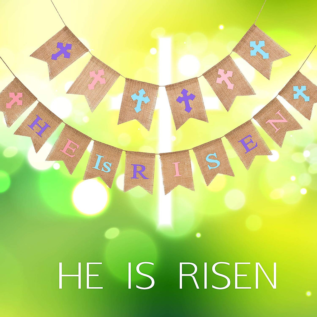 2 Sets Easter Burlap Banner HE is Risen Hanging Garland Printed Easter Bunting for Easter Day Decorations