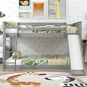 Harper & Bright Designs Full over Full Bunk Bed with Slide and Ladder, Wooden Low Bunk Bed, Kids Floor Bunk Bed Frame - Gray