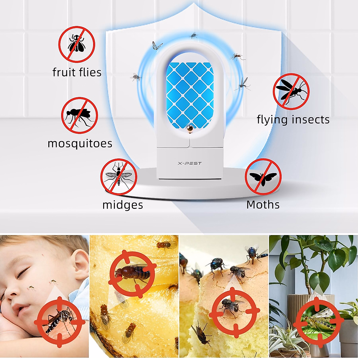 X-PEST Fruit Fly Traps for Indoors, Plug-in Fly Trap Indoor, Gnat Traps for House Indoor, Fly Insect Trap with UV Light, Fly Catcher for Fruit Flies, Gnats, Mosqutioes, Moths (2 Device + 12 Refills)