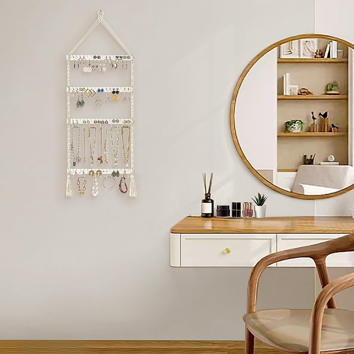 Mkono Hanging Jewelry Organizer Macrame Necklace Holder Wall Mounted Jewelry Hanger Earring Holder Organizer Boho Decor Over Door Jewelry Display Necklace Rack for Necklaces Bracelets Earrings