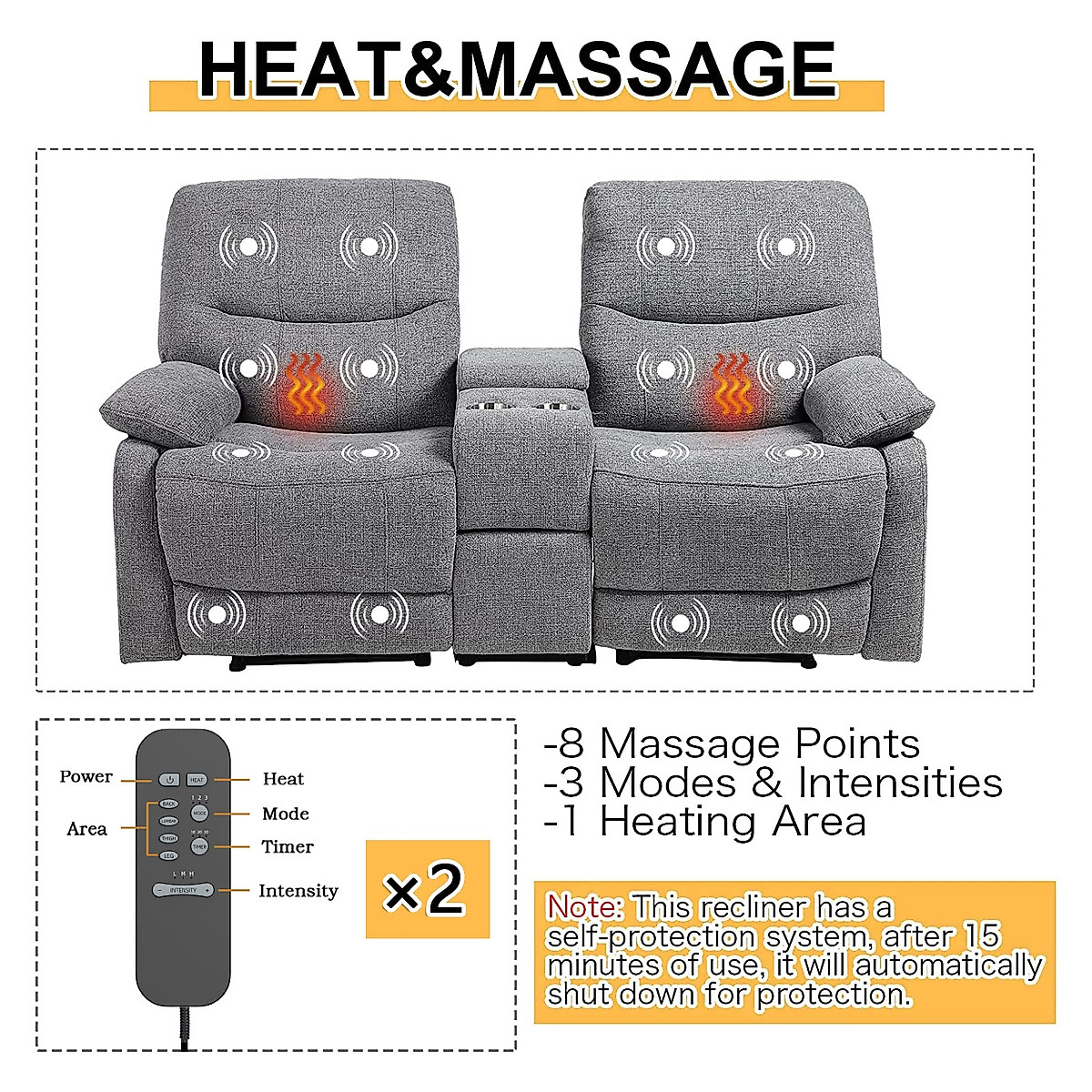 VUYUYU Reclining Sofa, Double Reclining Loveseat with Console, 2 Seater Sofa Home Theater Seating, Fabric Recliner Sofa Couches with Storage and Cup Holders (Gray)