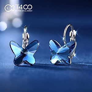 T400 Blue Purple Pink Crystal Butterfly Lever Back Earrings Birthday Gift for Women Teen Girls