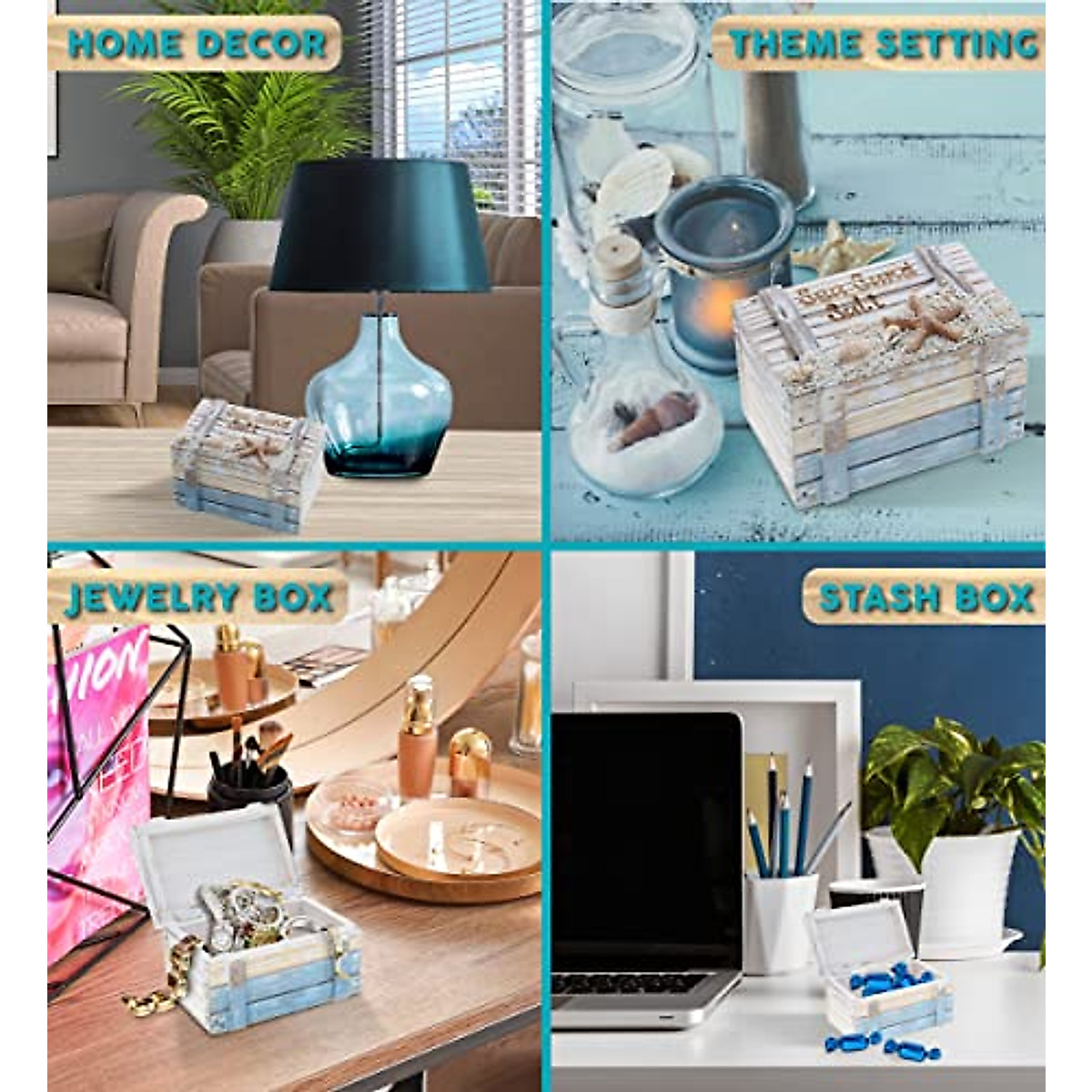 CoTa Global Coastal Horizon Wooden Jewelry Box - Handcrafted Nautical Trinket with Seashell and Starfish Decorations, Accent Tabletop Home Decor, Jewelry Storage - 4.25 Inch