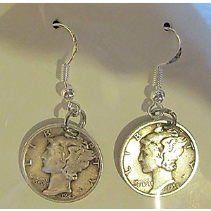 Mercury Dime (900 Silver) Earings with 925 Sterling Silver Earrings Hook Coil Ear Wires & Gift Bag