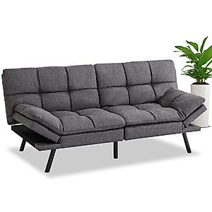 MUUEGM Modern lounge Sofa Bed, Dark Gray Linen Fabric Futon Couch, Convertible Foldable Memory Foam Sofa Bed, Small Sofa Bed with Loveseats for Living Room.(Dark Gray,Fabric)