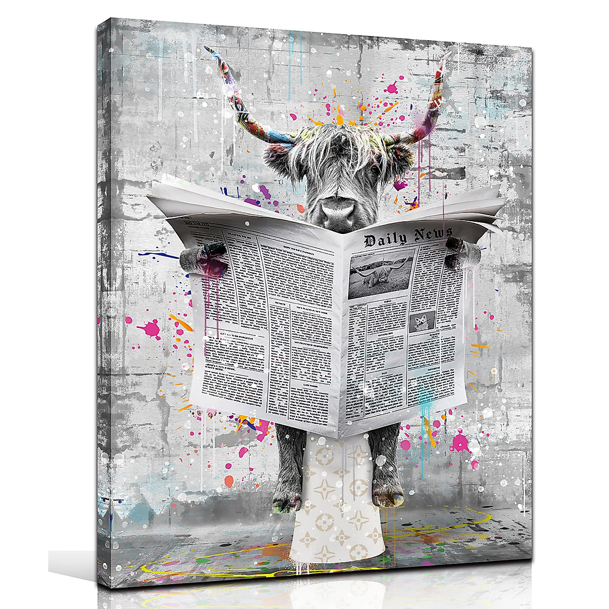 GUGIKA Highland Cow Canvas Wall Art for Bathroom, Funny Graffiti Bedroom Wall Decor, Black and White Painting for Living Room, Restroom Picture, 12x16 Inch