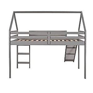ODC Twin Size House Loft Bed with Slide, Wood Loft Bed Frame Twin with Ladder , Kids Playhouse Loft Bed for Girls Boys, No Box Spring Needed
