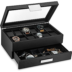 Glenor Co Watch Box with Valet Drawer for Men - 12 Slot Luxury Watch Case Display Organizer, Carbon Fiber Design - Metal Buckle for Mens Jewelry Watches, Men's Storage Boxes Holder has Large Glass Top