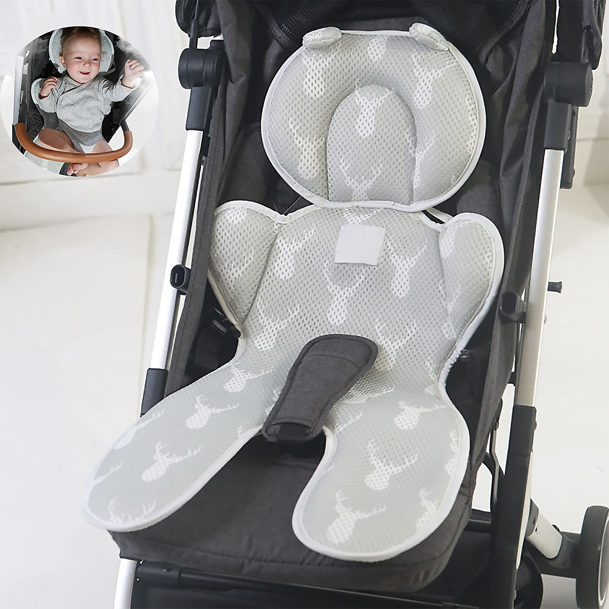 LiMoor 3D Mesh Cool Baby Seat Liner for Strollers, Breathable Pushchair Cushion, Insert Thicken Sponged Baby Body Support Cushion Pad Mattress for Stroller, Baby Chair & Car Seat Pad (Antlers)