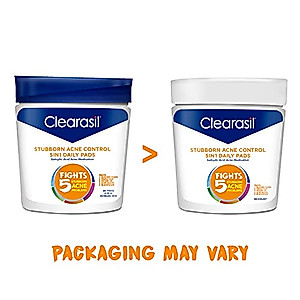 Clearasil Acne Treatment Facial Cleansing Pads, Stubborn Acne Control 5-in-1 Daily Pads, 90 Pads (Pack of 3)