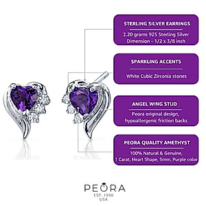 Peora Amethyst Angel Wing Earrings 925 Sterling Silver, 1 Carat Total, Heart Shape, 5mm, Friction Back
