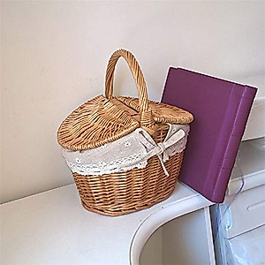 JFBUCF Willow Basket Picnic Basket, Traditional Picnic Hamper with Handle and Double Lids Small Handmade Woven Eggs Candy Basket Flower Basket Rattan Storage, 10x7.7x5.5 inch