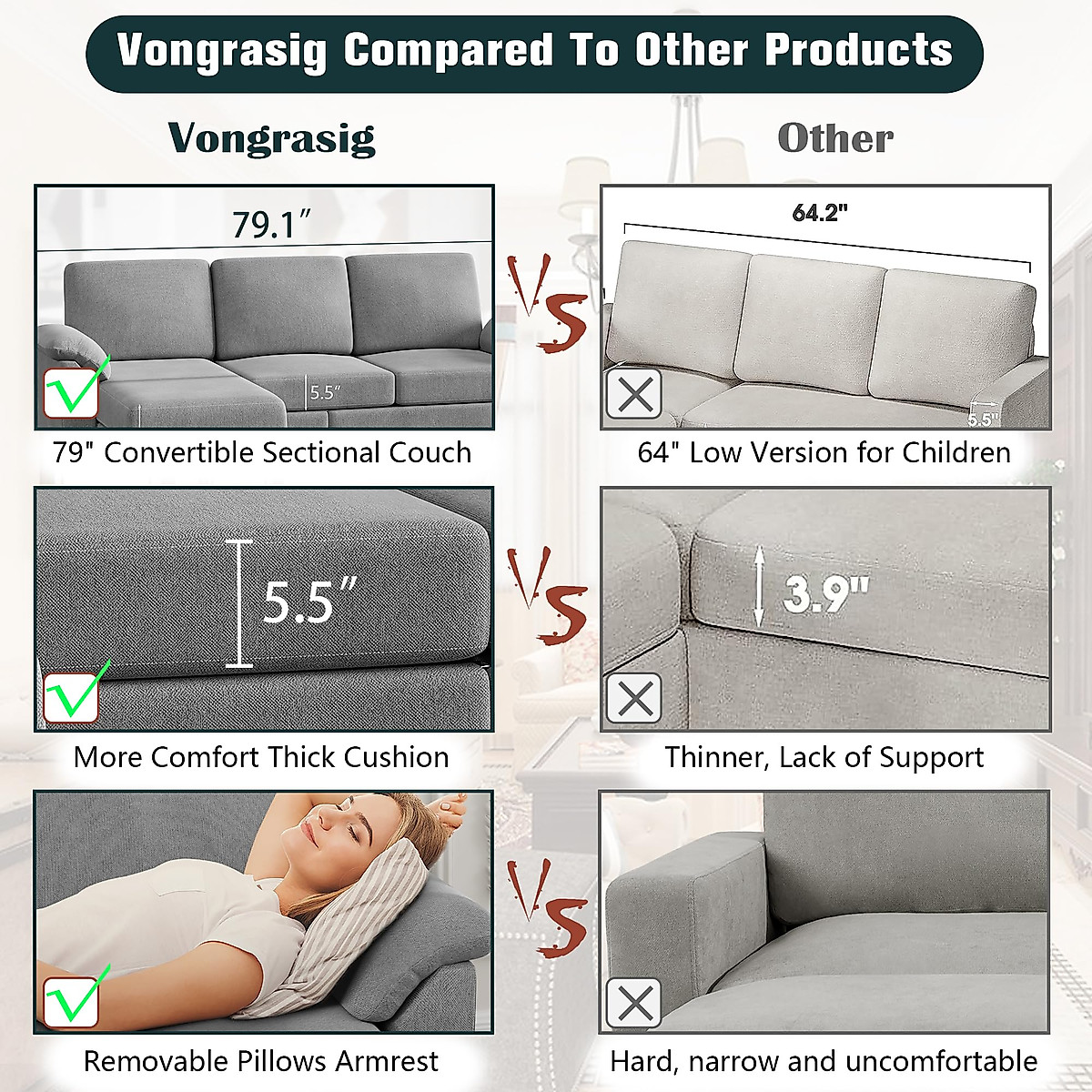 Vongrasig 79" Convertible Sectional Sofa Couch, 3 Seat L Shaped Sofa with Removable Pillows Linen Fabric Small Couch Mid Century for Living Room, Apartment and Office (Light Grey)