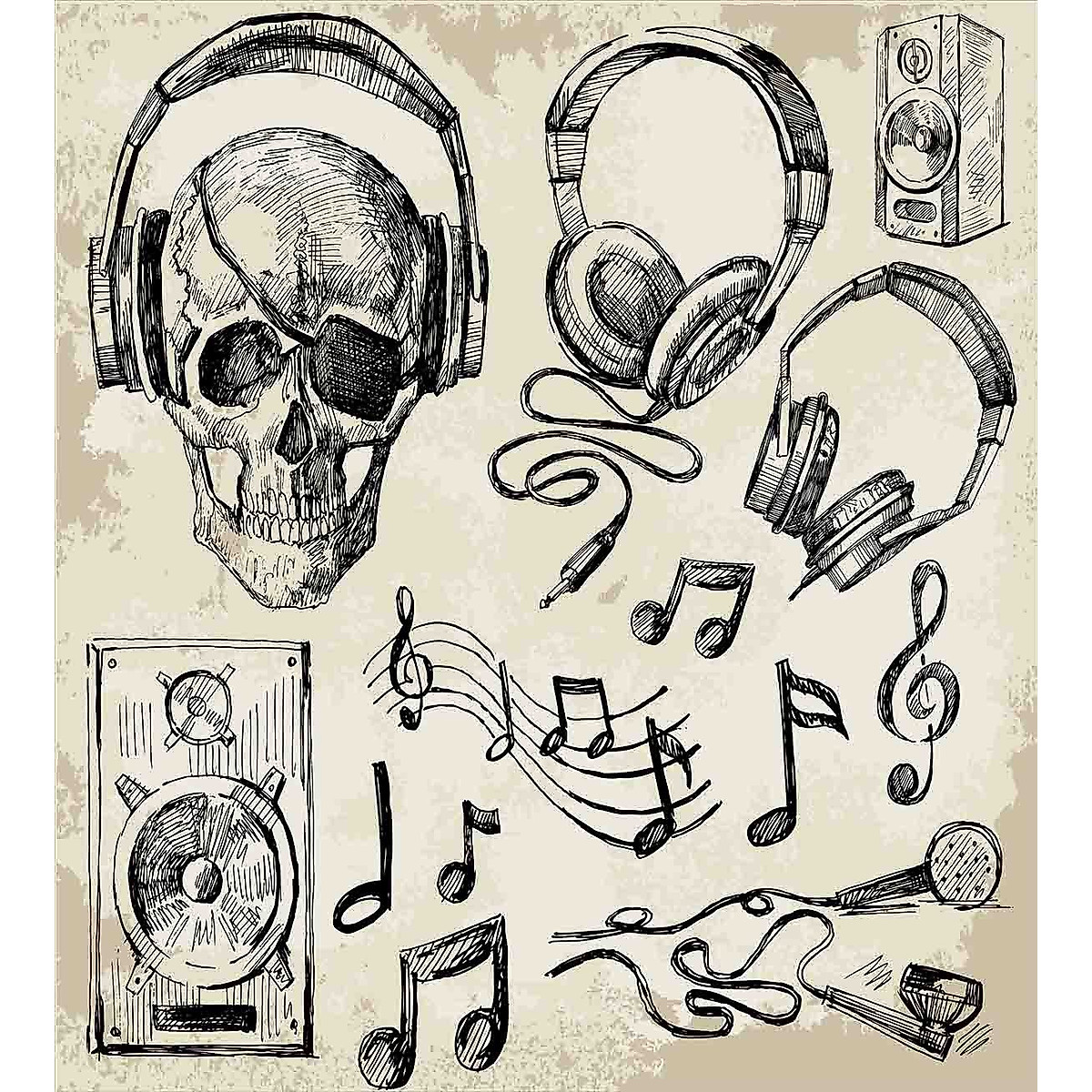 Ambesonne Music Duvet Cover Set, Sketchy Background Hipster Skull Headphones Record Player Mic Speakers Print, Decorative 3 Piece Bedding Set with 2 Pillow Shams, Queen Size, Beige Black