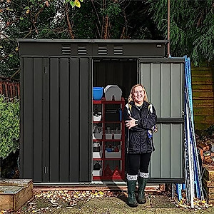 FRANSOUL Metal Outdoor Tool Storage Garden Shed 6.27x4.51ft with Sloping Roof Galvanized Steel Frame Anti-Corrosion Tool Storage Room with Latches and Door for Balcony, Black