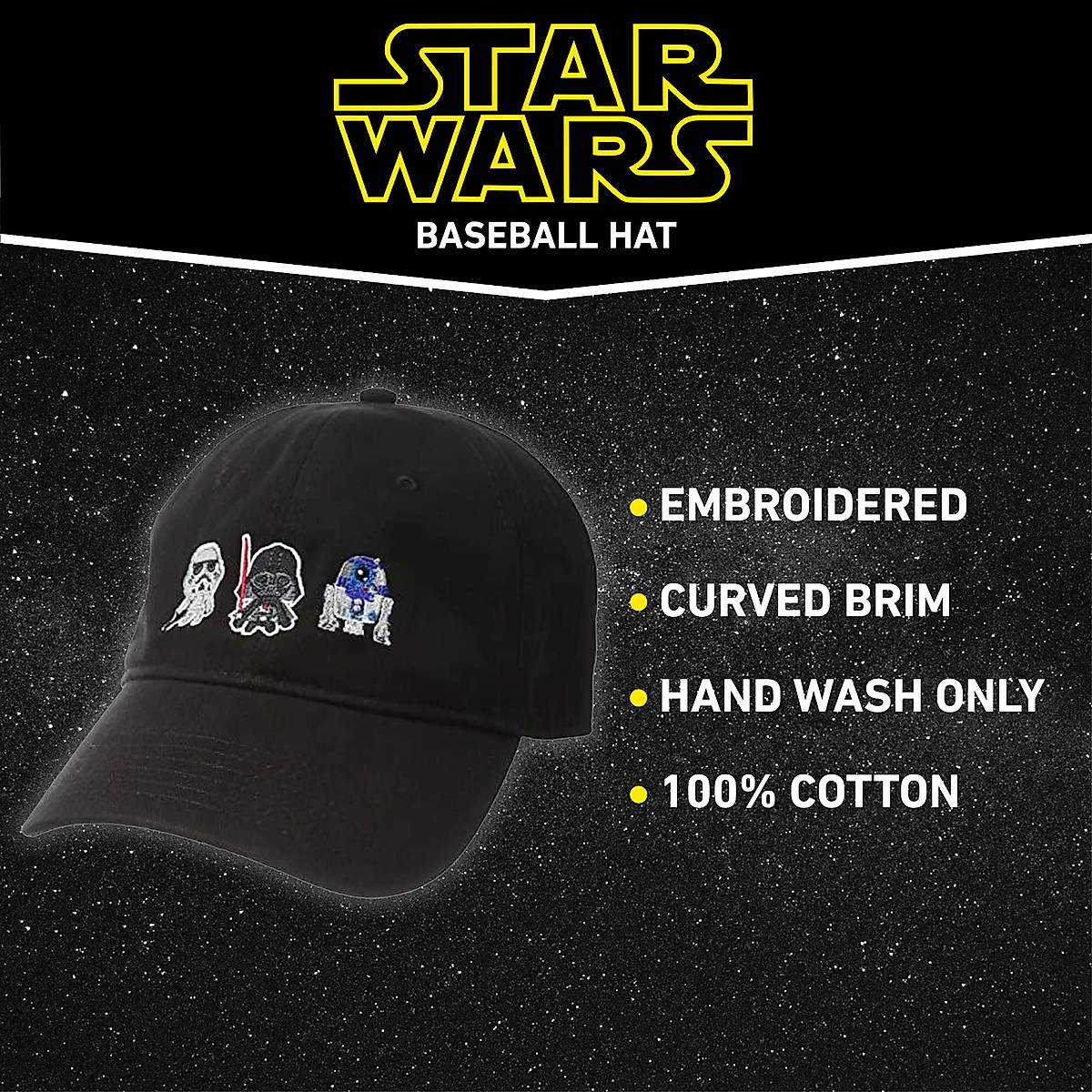 Concept One Star Wars Dad Hat, Darth Vader, R2-D2 and Stormtrooper Cotton Adult Baseball Cap with Curved Brim, Black, One Size