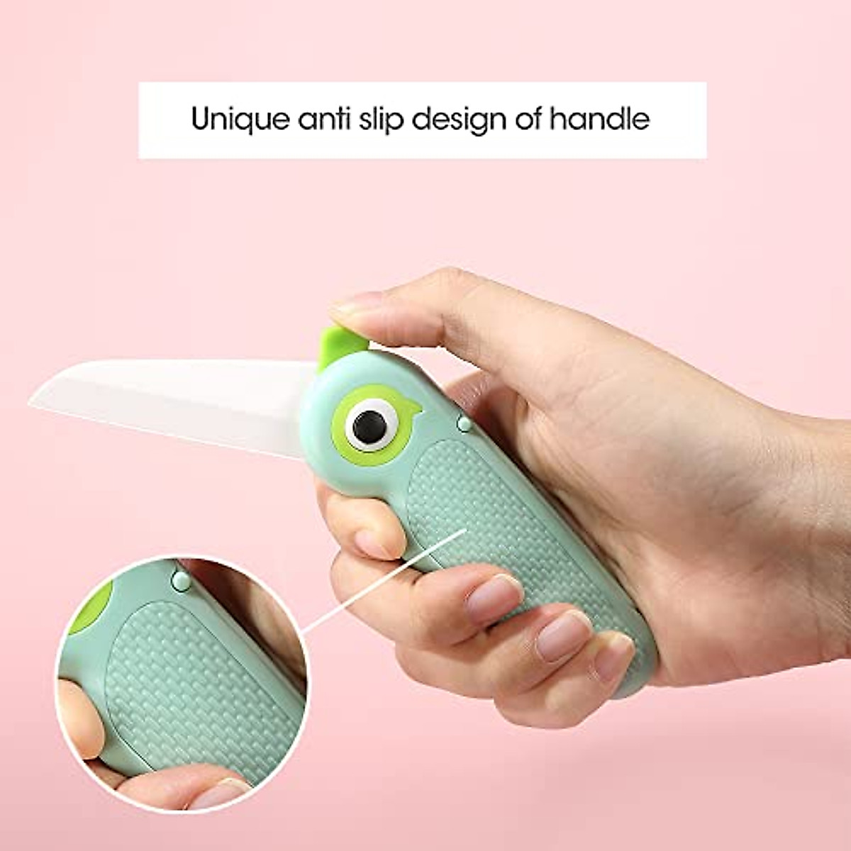 S.ROKE TTAN Portable Ceramic Paring Knife - 2.5 Inches Sharp Blade, Small Folding Knife, Cutter Peeler 2 in 1, Mini Cute Portable Fruit Knife for Travel, Camping (Pink + Green)