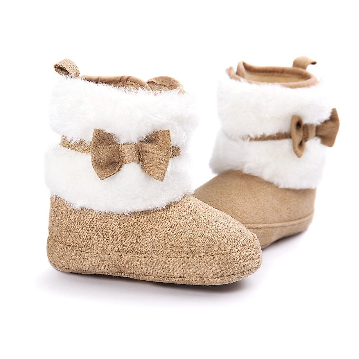 ESTAMICO Baby Girl Plush Winter Snow Bowknot Boots Khaki 6-12 Months