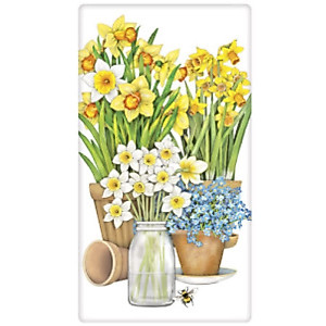 Mary Lake Thompson BT655 Daffodil Pots Flour Sack Towel 30 Inches Square Screened Design Bottom Center Only