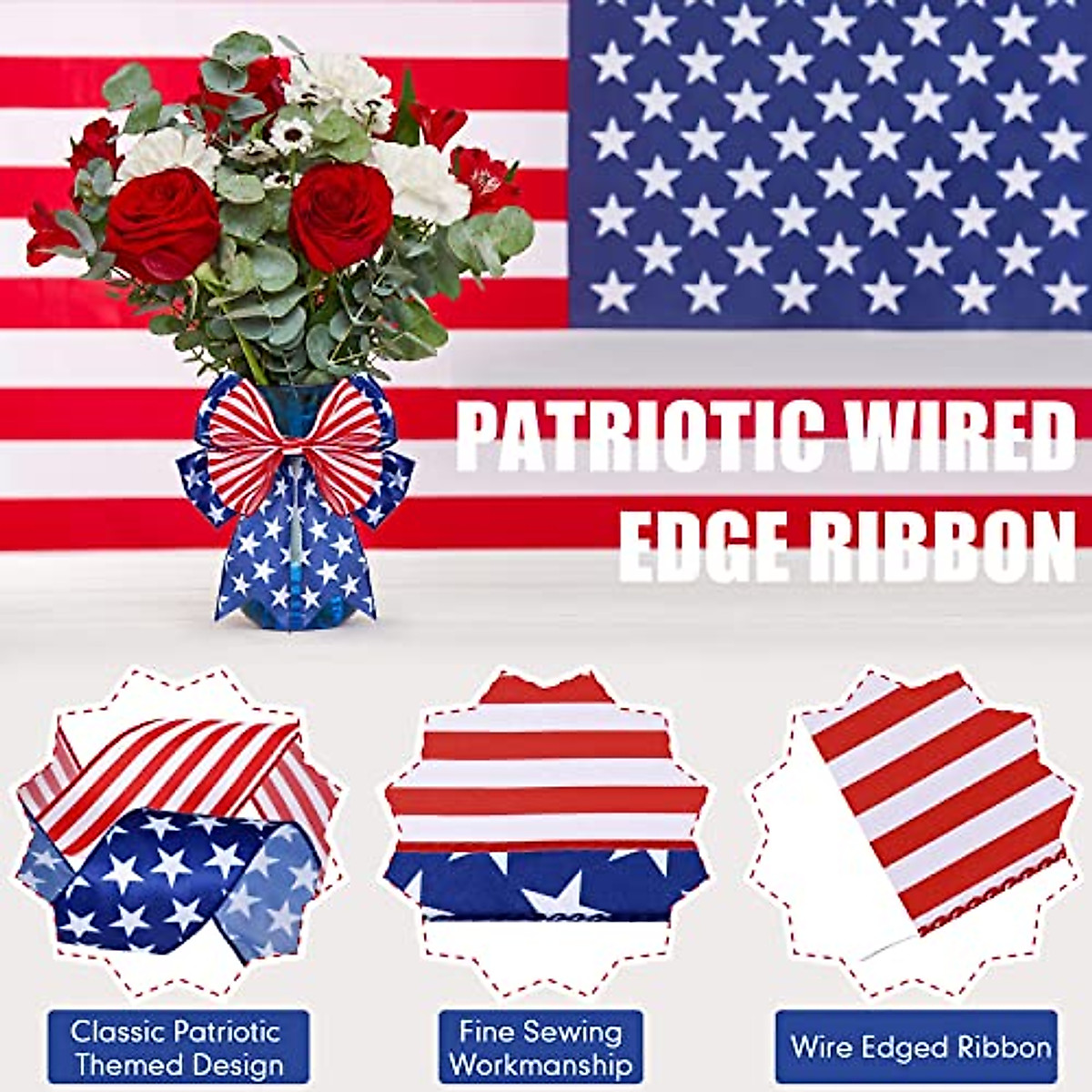 2 Rolls 20 Yard Red White and Blue Ribbon Patriotic Star and Striped Wired Ribbon Royal Blue USA Ribbon DIY Crafts for 4th of July, Independence Day, Memorial Day (Red, White, Blue, 2.5 Inch)