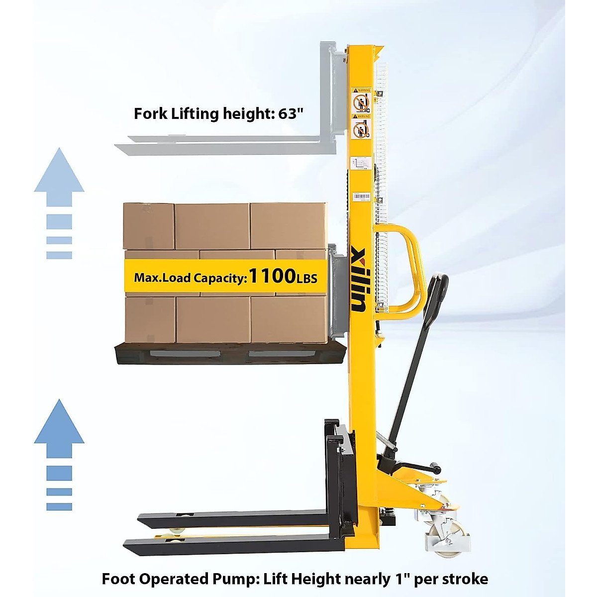 Xilin Manual Pallet Stacker 1100lbs Capacity 63" Lift Height with Straddle Legs Adjustable Forks