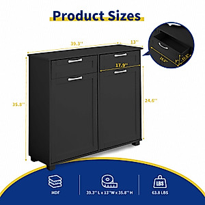 Tilt Out Trash Cabinet 10 Gallon, Trash Can Cabinet with 2 Drawers, Double Freestanding Trash Cabinet, Recycling Cabinet for Laundry, Kitchen, Living Room, Bathroom, Bedroom (Black)