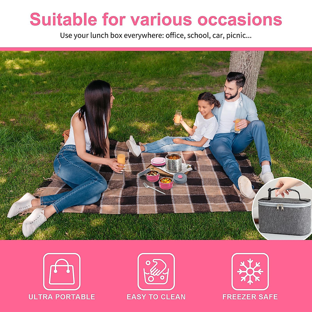 Lille Home Lunch Box Set, An Vacuum Insulated Bento/Snack Box Keeping Food Warm for 4-6 Hours, Two BPA-Free Food Containers, A Lunch Bag, A Portable Cutlery Set, Smart Diet, Weight Control (Pink)