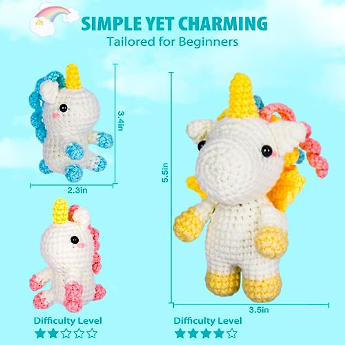 Crochetta Crochet Kit for Beginners, Amigurumi Crocheting Animals Kits w Step-by-Step Video Tutorials, Knitting Starter Pack for Adults and Kids, Jumbo 3 Unicorn Familly (40%+ Yarn Content)
