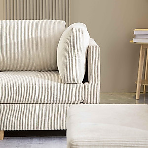 MYINDA L Shaped Convertible Modular Sectional Sofa with Movable Ottoman, Free Combination Corduroy Upholstered Corner Couch with Wooden Legs and Thicked Cushions for Living Room (Beige)