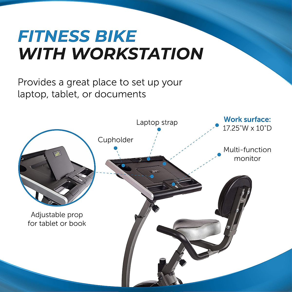 Stamina Wirk Ride Exercise Bike - Foldable Fitness Bike with Workstation and Standing Desk - Stationary Bike for Home Workout - Up to 250 Weight Capacity