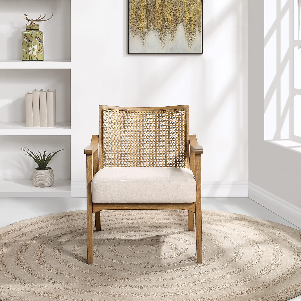 OSP Home Furnishings Alania Wood Accent Chair with Cane Back, Arms and Padded Seat, Linen Fabric with Coastal Wash Frame