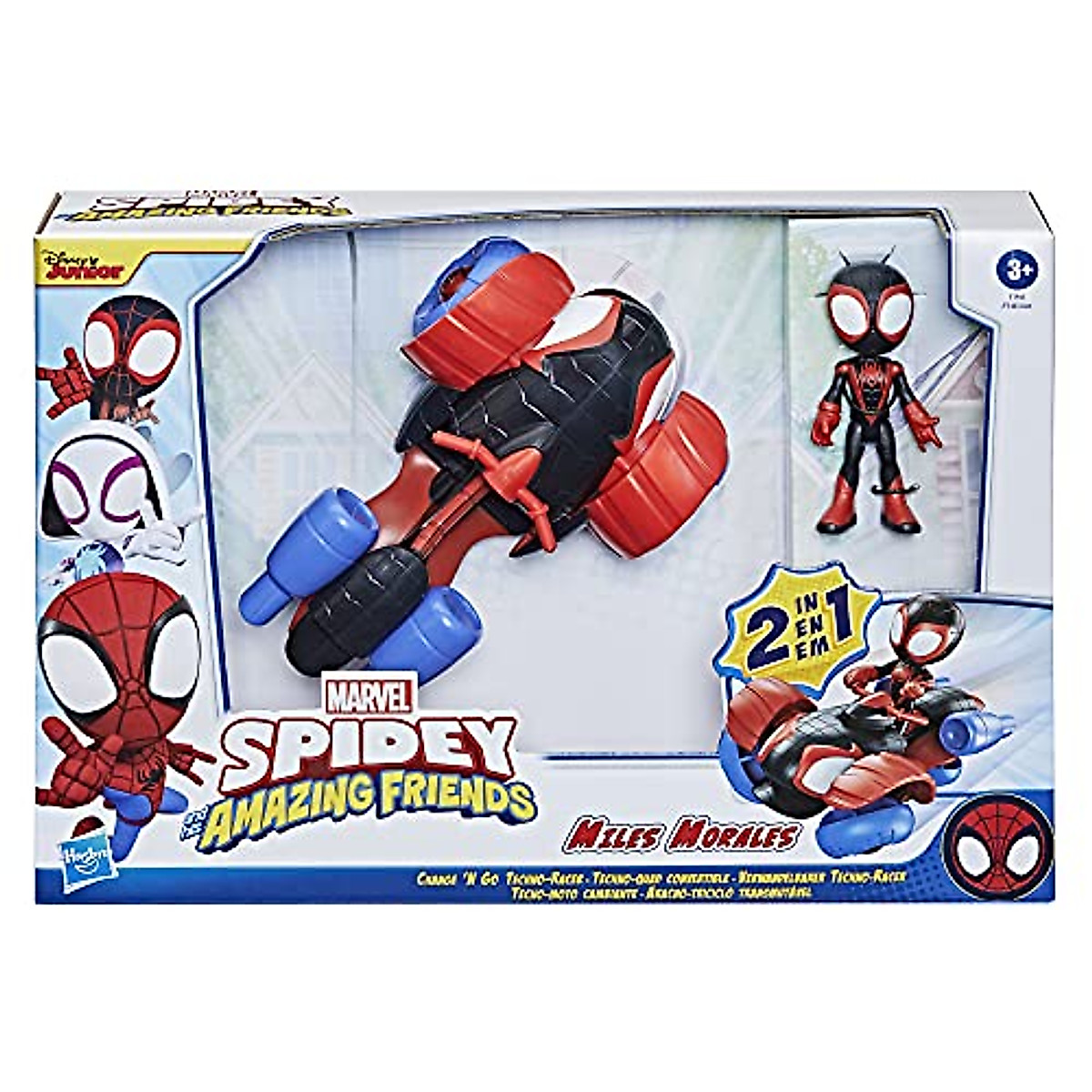 Spidey and His Amazing Friends Marvel Spidey and His Amazing Friends Change 'N Go Techno-Racer Vehicle and Miles Morales: Spider-Man 4-inch Action Figure,for Kids Ages 3 and Up,Black