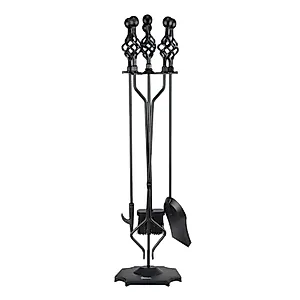 VODA Fireplace Tools Set, 5-Piece Cast Iron 33" Fire Place Set Tools Indoor Fireside Accessories Large Fire Place Tool Set Outdoor Holder Fire Kit with Poker Shovel Tongs Brush, Stand
