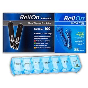 Relion Premier Test Strips 100 Count Bundled with ReliOn Ultra-Thin Blood Lancets, 100 Count and Pill Organizer by Samba Life