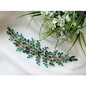 Denifery Emerald Wedding Hair Piece Green Hair Vine Bridal Gold Jewelry Headpiece Wedding Hair Accessories