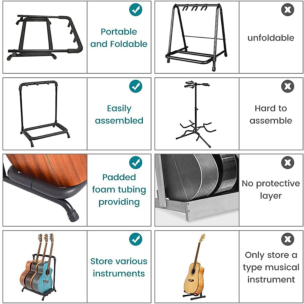 Superlative Stands Multiple Guitar Stand Rack; Foldable Display Holder for 3 Guitars; Electric Bass Stage Display Holds Up to Three Black