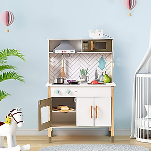 ROBOTIME Wooden Play Kitchen for Kids, Toys Kitchen with Light & Sound & Range Hood, Kids Kitchen Playset with Plenty of Play Features, Pretend Play Kitchen Set for Girls Boys Ages 3+