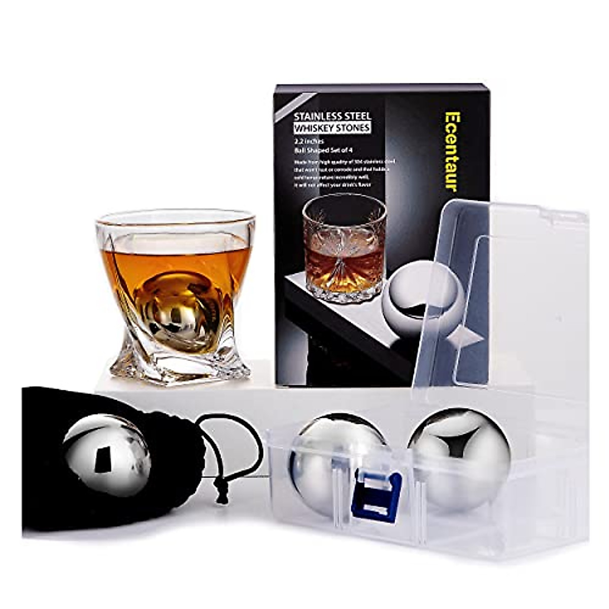 Ecentaur Whiskey Stones Stainless Steel Ice Cube Metal Reusable Balls 2.2" Chilling Stones for Drinks Set of 4