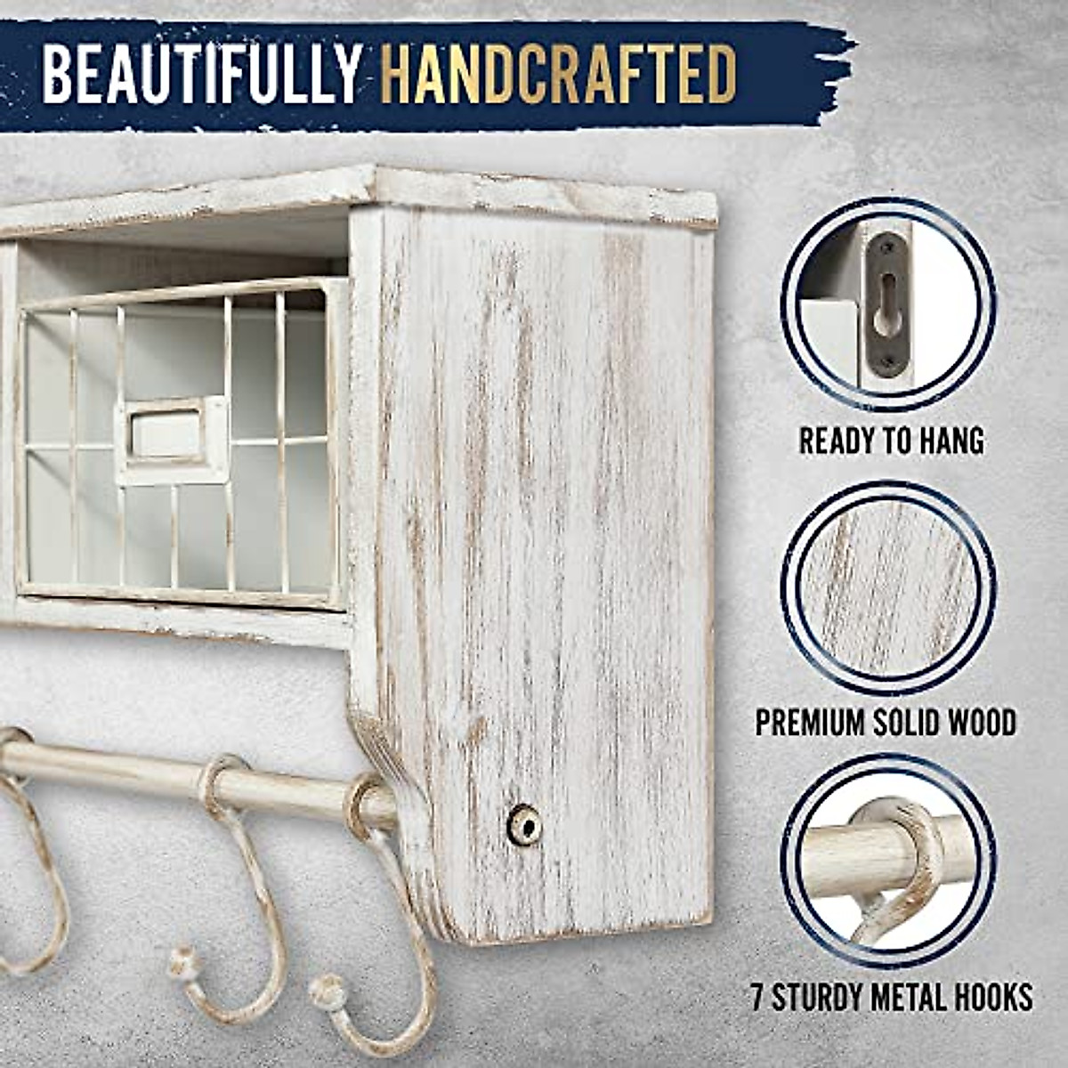 HBCY Creations Wall Mounted Shelf with Coat Hooks and Baskets, Solid Wood Entryway Organizer Wall Shelf with Hooks - Hang Coats, Keys or Coffee Mugs, Rustic Brown 24" Wide