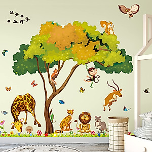 Jungle Animal and Tree Wall Decals Removeable DIY Flower Lion Giraffe Owls Wall Sticker Peel and Stick Wall Decor for Nursery Kids Room Bedroom Living Room