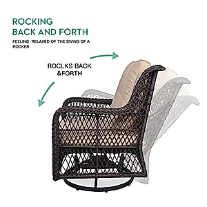 VIVIJASON 3-Piece Patio Wicker Conversation Bistro Set Cushioned, Outdoor Glider Swivel Rocking Chairs Rattan Furniture Sets with Thickened Cushion and Glass-Top Coffee Table, Beige Cushion
